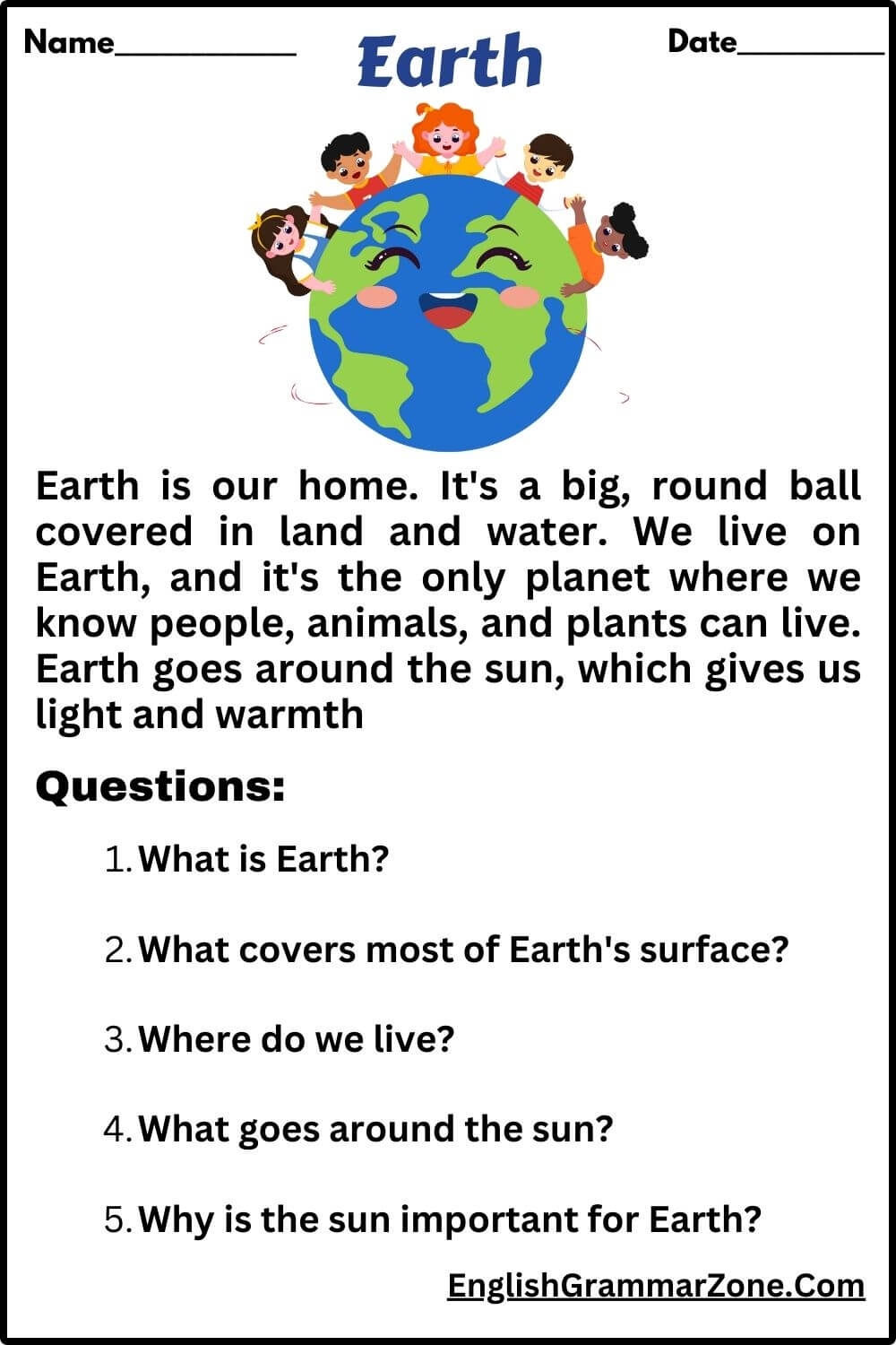 Earth Reading Comprehension Worksheet - Printable Worksheets Template