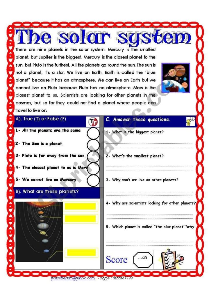 Reading Comprehension Solar System Worksheet - Free Printable Worksheets