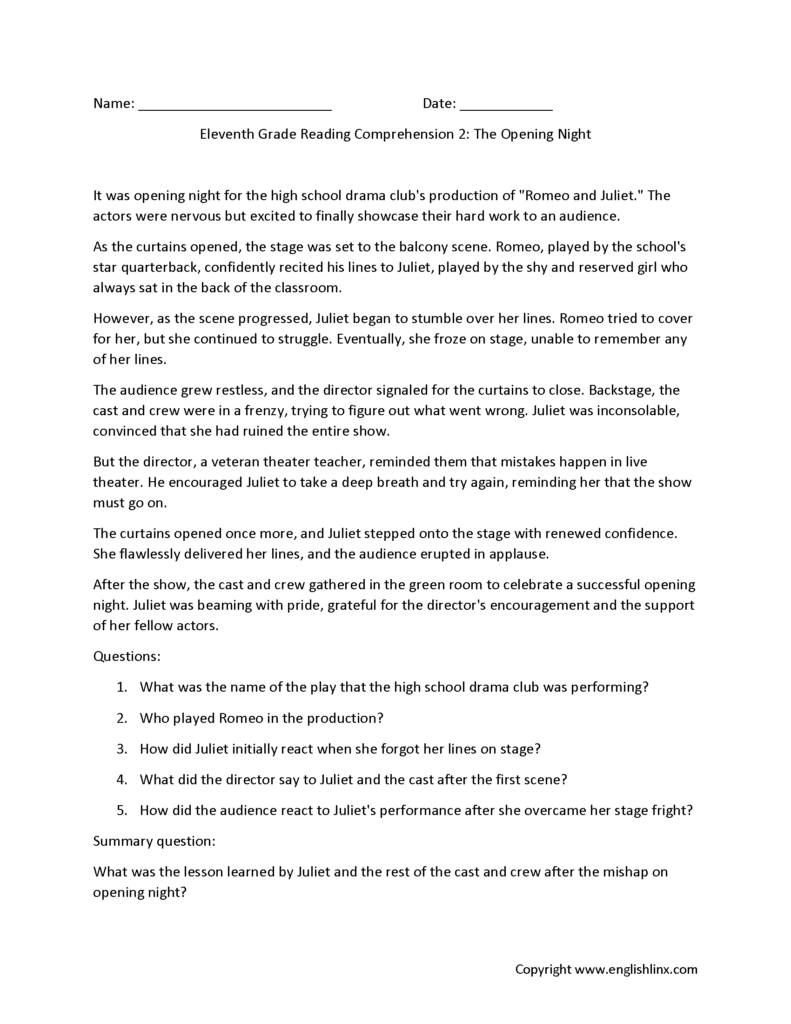 Reading Comprehension Grade 11 Worksheets - Free Printable Worksheets