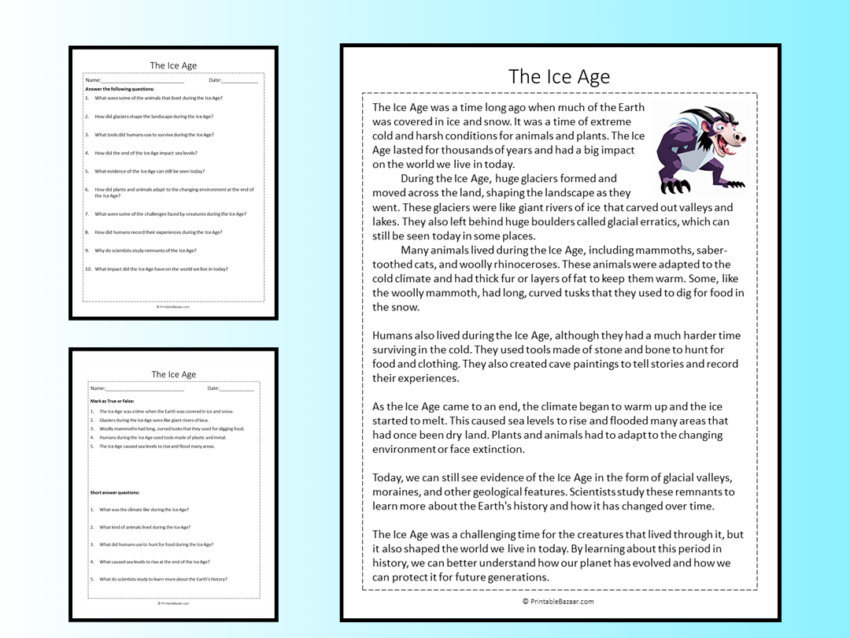 Ice Age Reading Comprehension Worksheets - Free Printable Worksheets